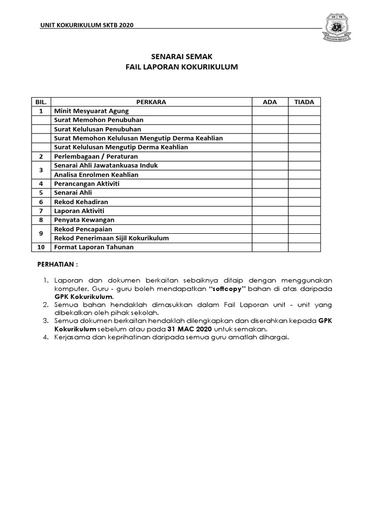 Senarai Semak Fail Laporan Kokurikulum | PDF
