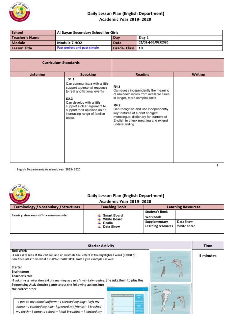 Past Perfect and Past Simple | PDF | Lesson Plan | English Language