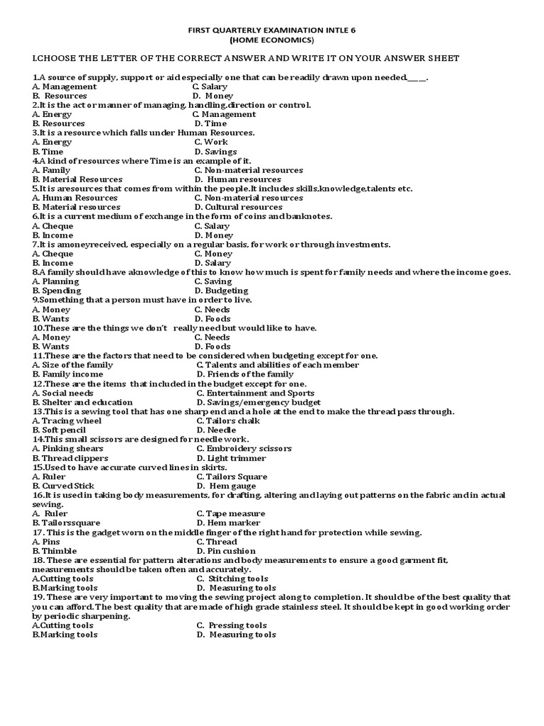 Home Economics Exam Covering Key Concepts in Family Resources ...