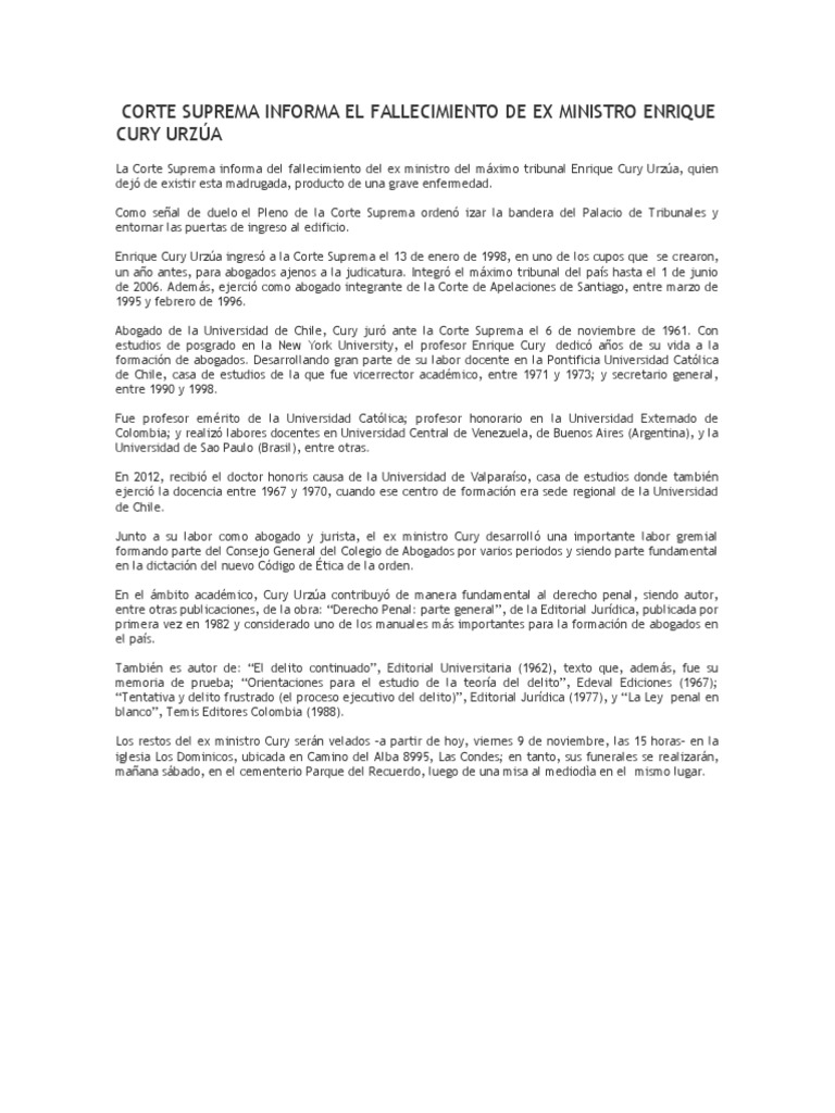 Corte Suprema Informa El Fallecimiento de Ex Ministro Enrique Cury ...