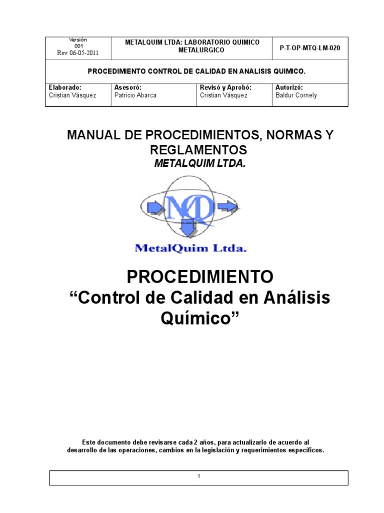 P-T-OP-MTQ-LM-020 Control de Calidad en Analisis Quimico | PDF ...