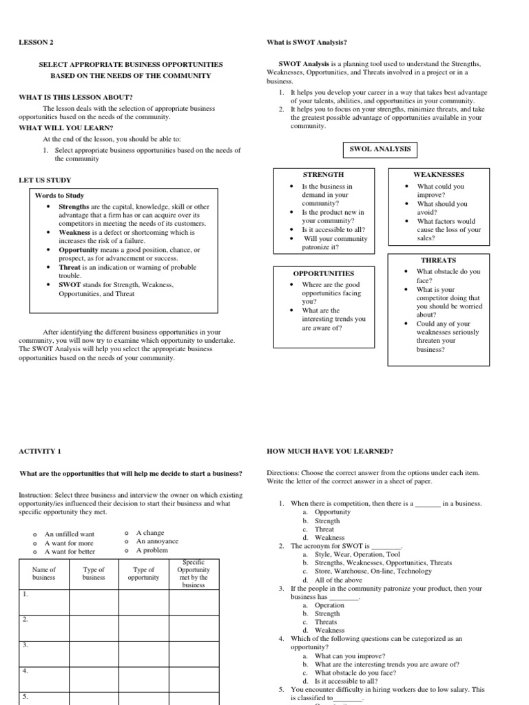 ENTREP Module 3 Lesson 2-3 | PDF | Swot Analysis | Entrepreneurship