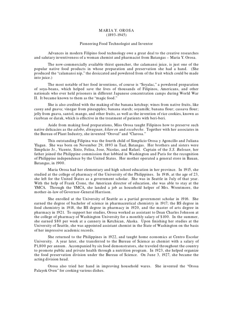 Maria Y. Orosa - Pioneering Filipino Food Technologist | PDF | Foods ...