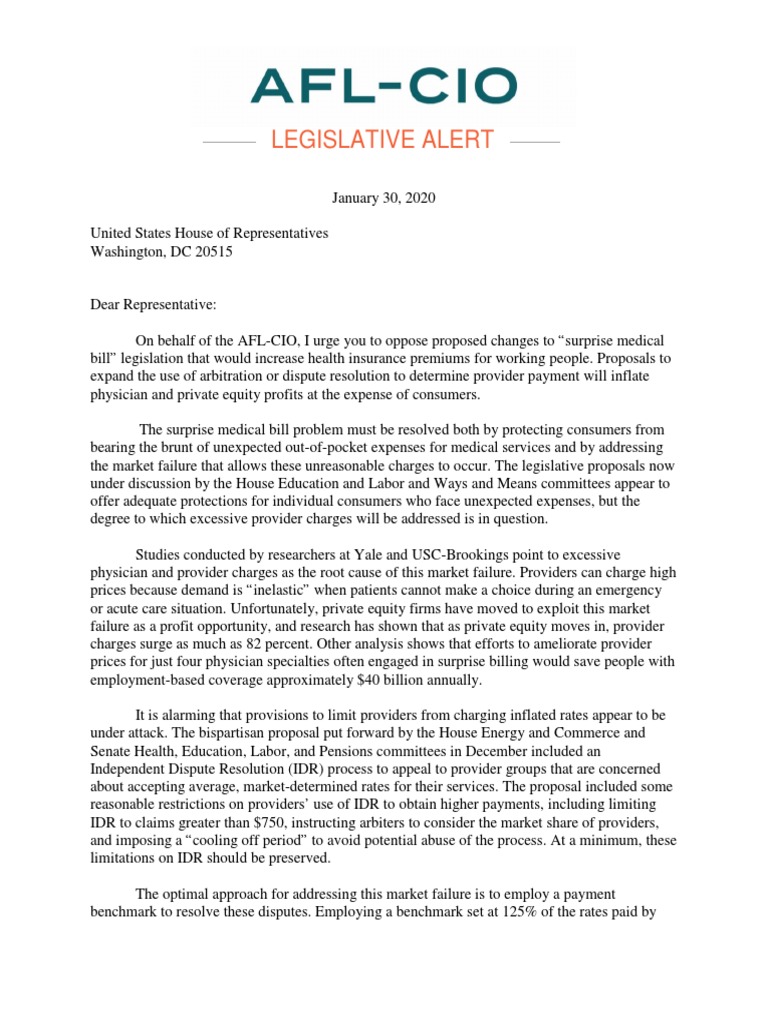 AFL-CIO Letter SurpriseBilling | Health Care | Medical