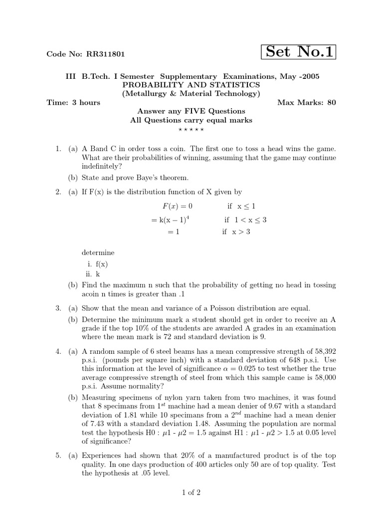 Probability Question Paper PDF | PDF | Standard Deviation | Variance