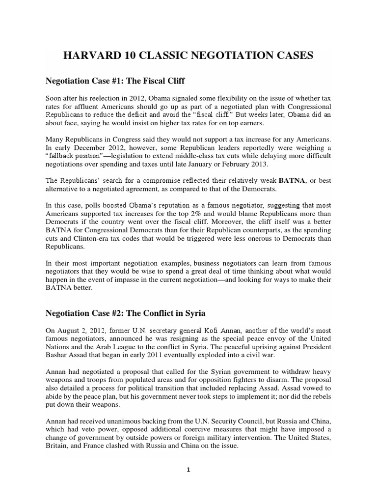10 Harvard Negotiation Cases | PDF | United States Fiscal Cliff ...
