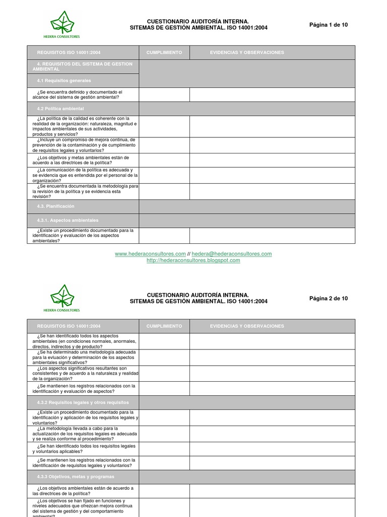 Check List Rio Auditoria ISO 14001 | PDF