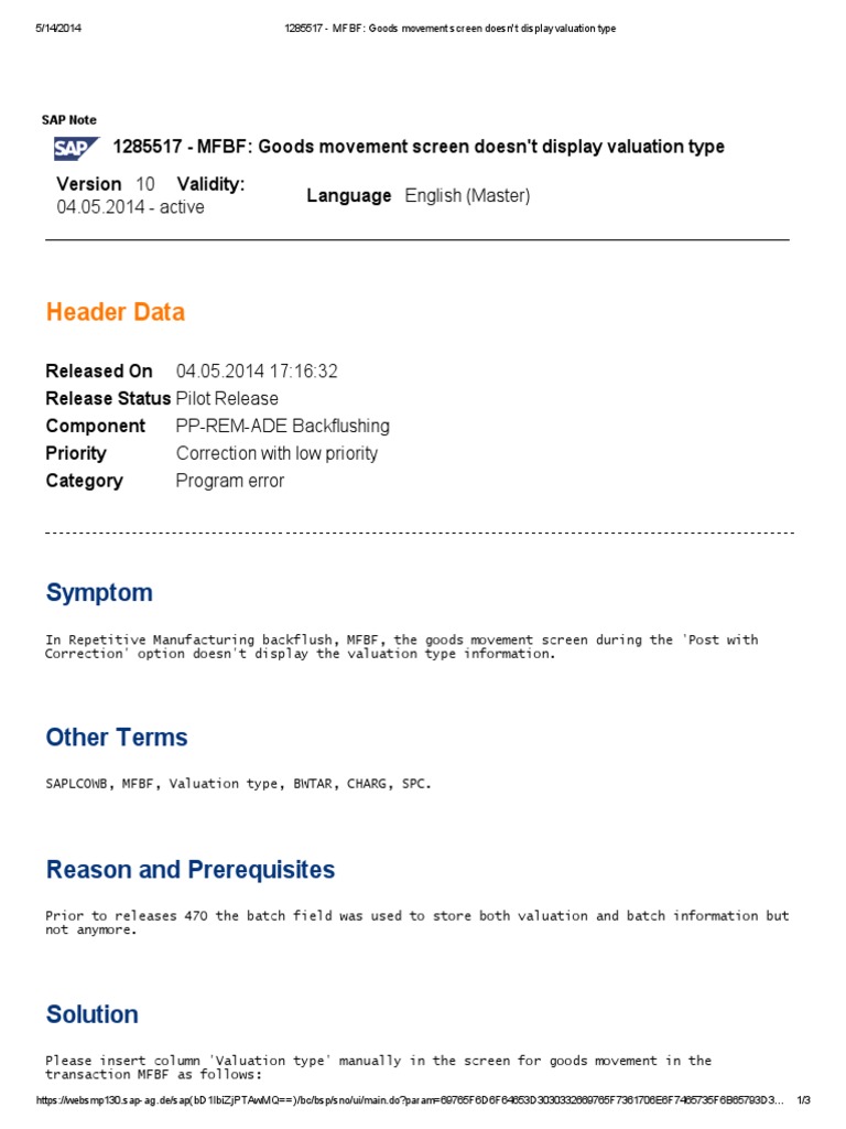 MFBF - Goods Movement Screen Doesn't Display Valuation Type | PDF ...