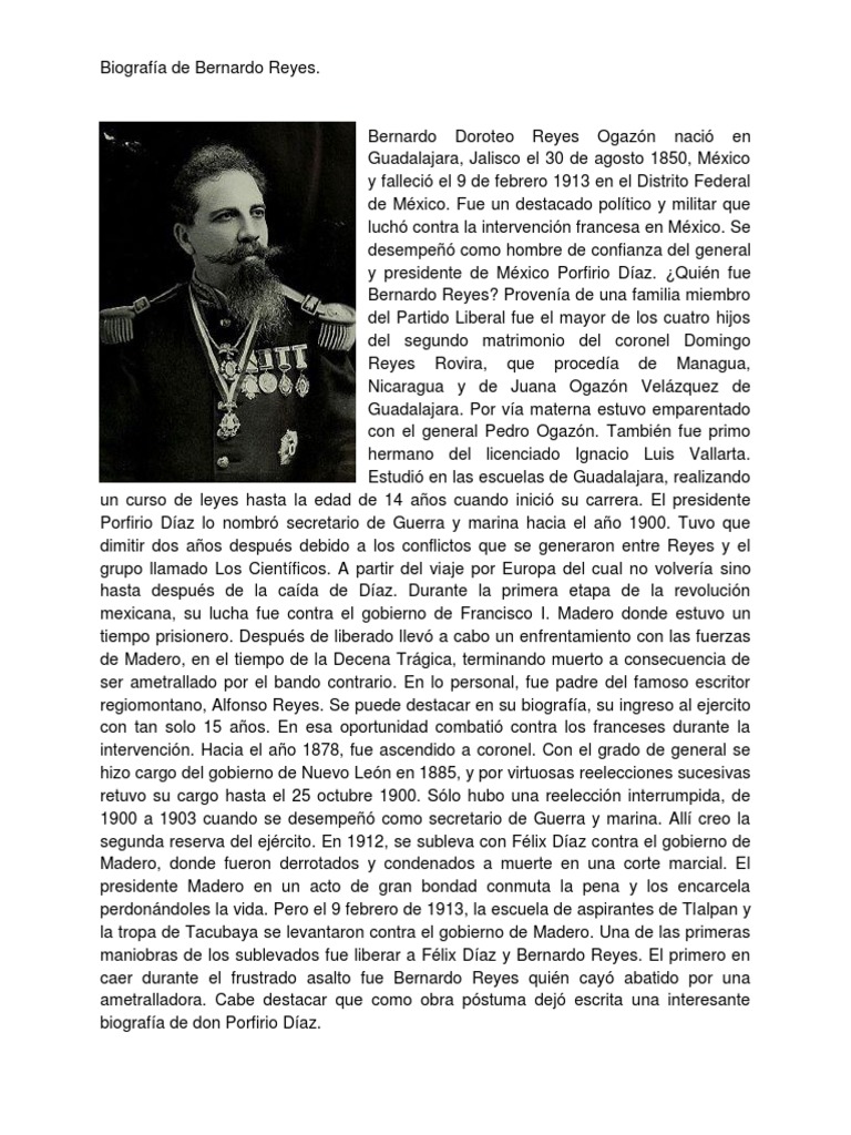 Biografía de Bernardo Reyes, general mexicano | PDF | Conflictos | México