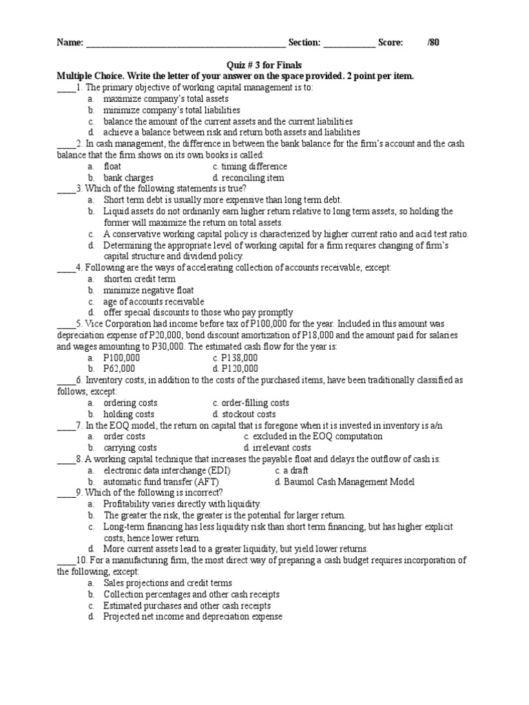 Working Capital Management Quiz | PDF | Working Capital | Inventory