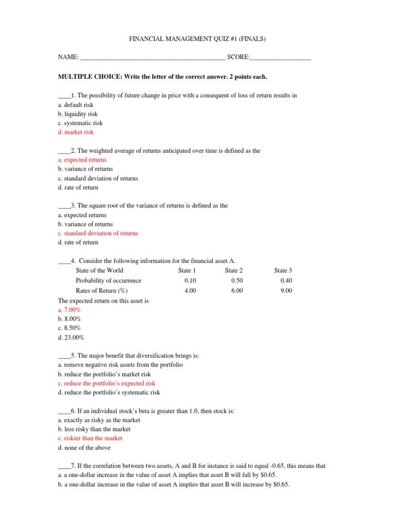 Financial Management Quiz on Risk and Return | PDF | Financial Risk ...