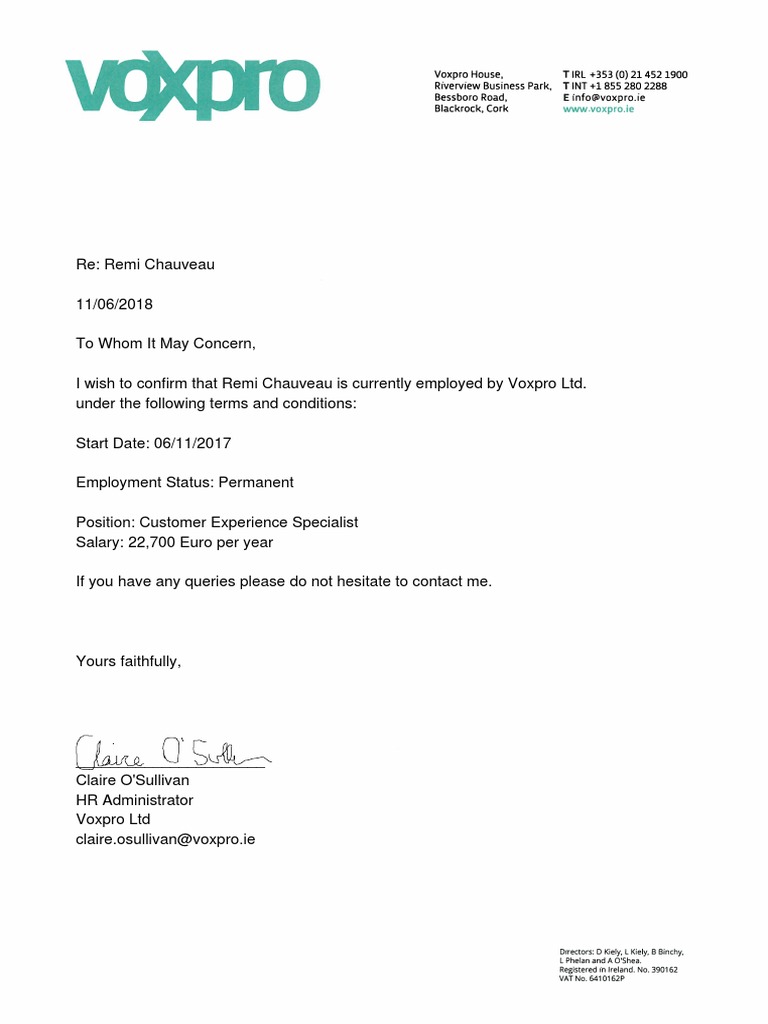 Voxpro Ireland Employement Reference Letter Remi Chauveau PDF | PDF