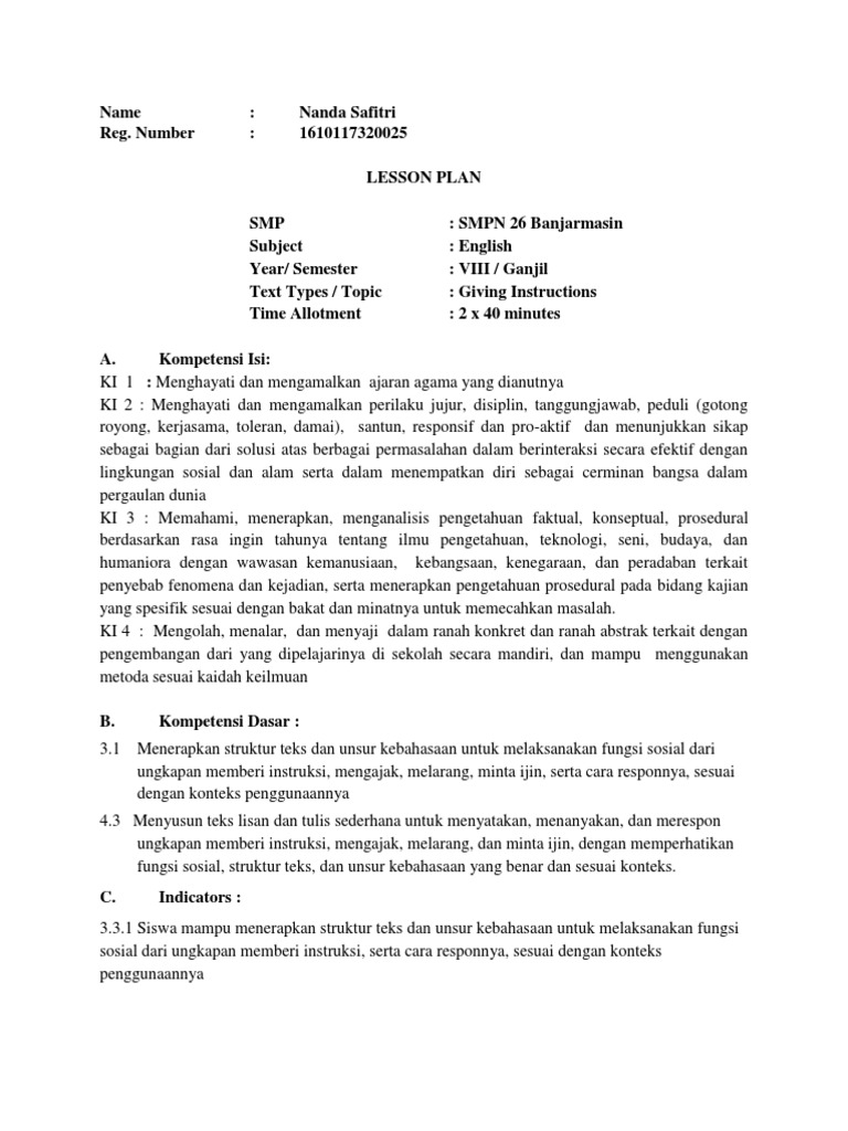 Lesson Plan (Giving Instructions) Kid | PDF | Karier & Perkembangan