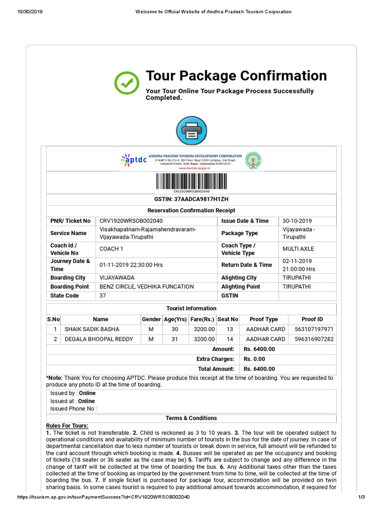 Aptdc Tirupati Tour PDF | PDF | Ticket (Admission) | Service Industries