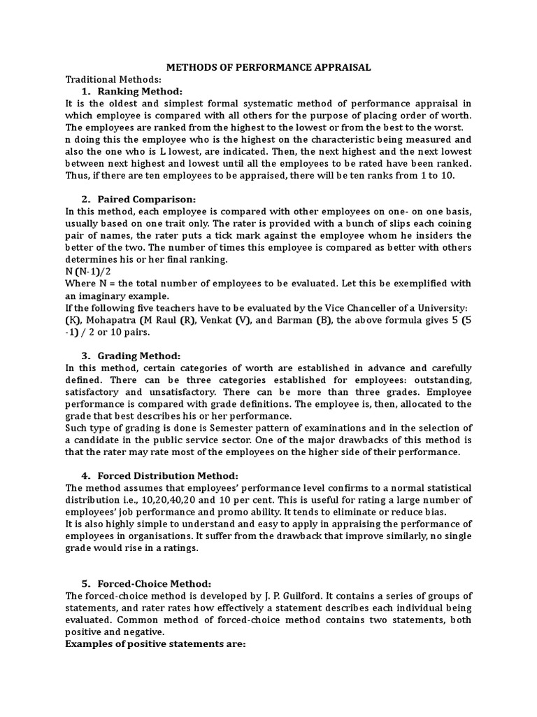 PERFORMANCE APPRAISAL METHODS | PDF | Performance Appraisal | Incentive