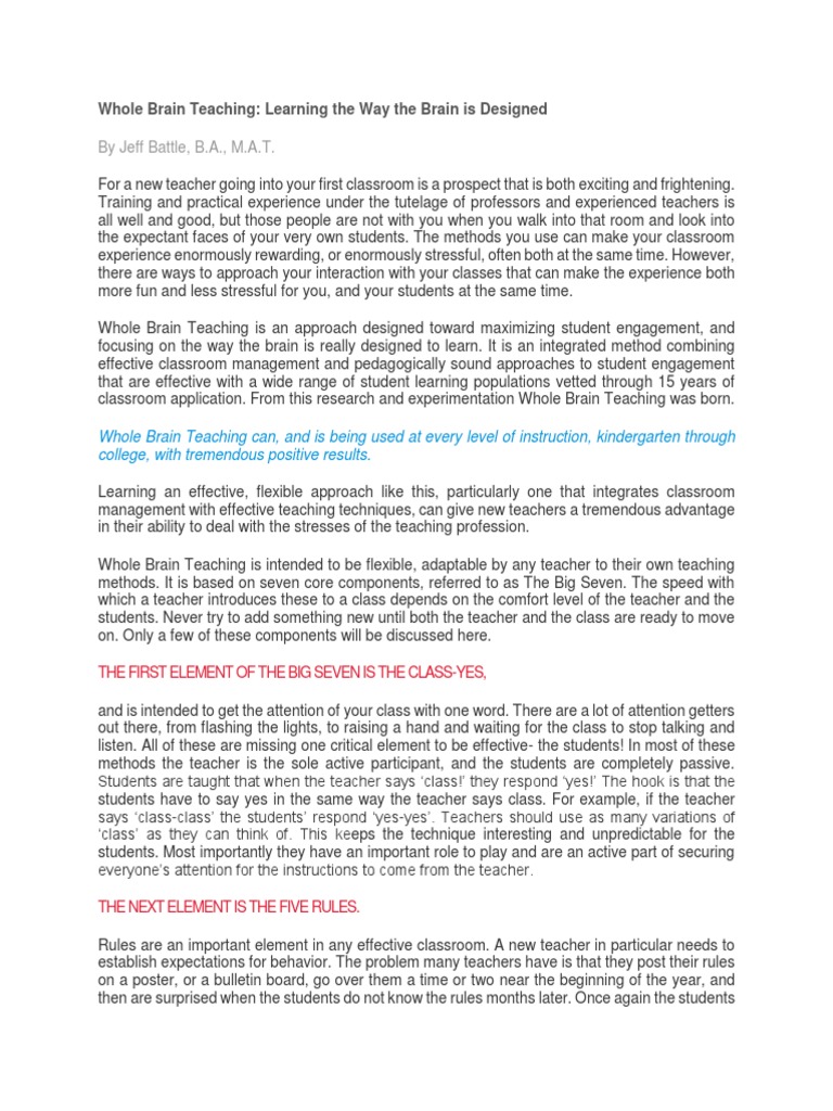 Whole Brain Learning | PDF | Teachers | Classroom
