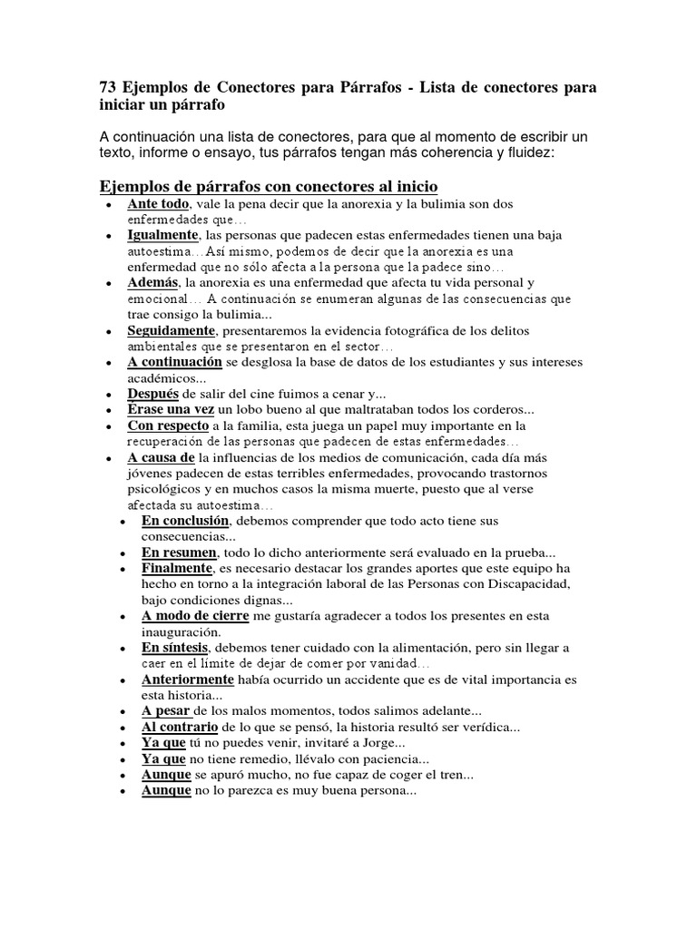 73 Ejemplos de Conectores para Párrafos | Descargar gratis PDF ...