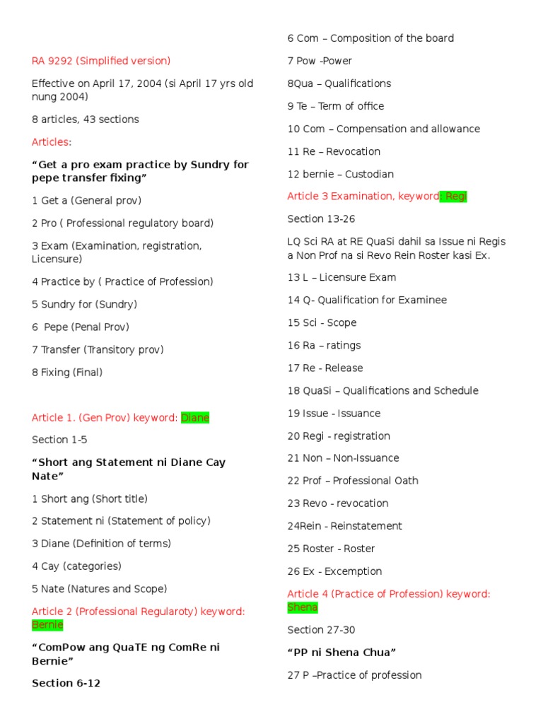 RA 9292 Mnemonics PDF | PDF | Government | Justice