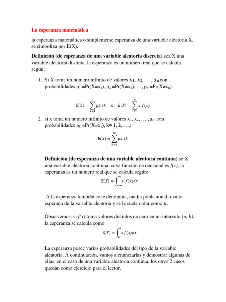 Definición y cálculo de esperanza matemática | PDF | Variable aleatoria ...