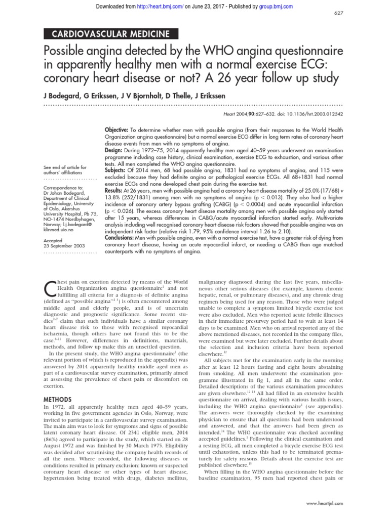 Rose Angina Questionnaire | PDF | Coronary Artery Disease | Coronary ...