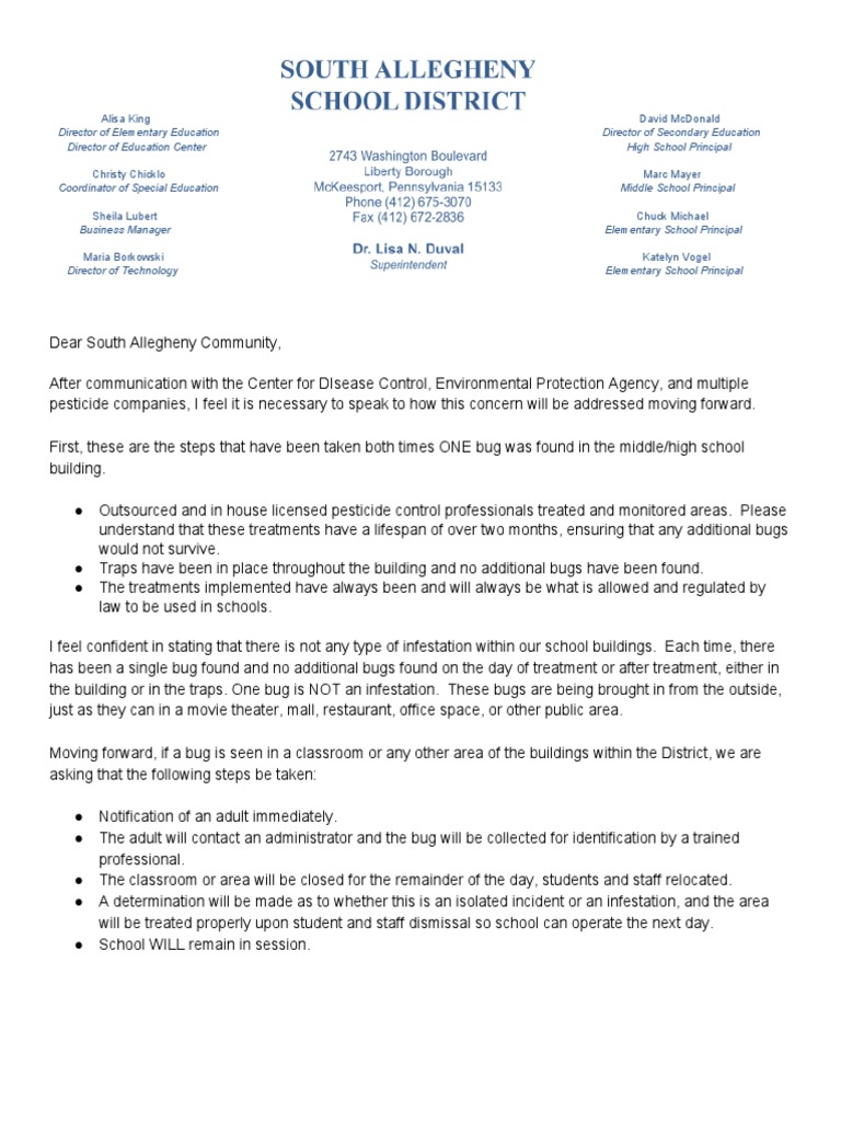 South Allegheny Bed Bugs Letter | PDF | Pest Control | Wellness