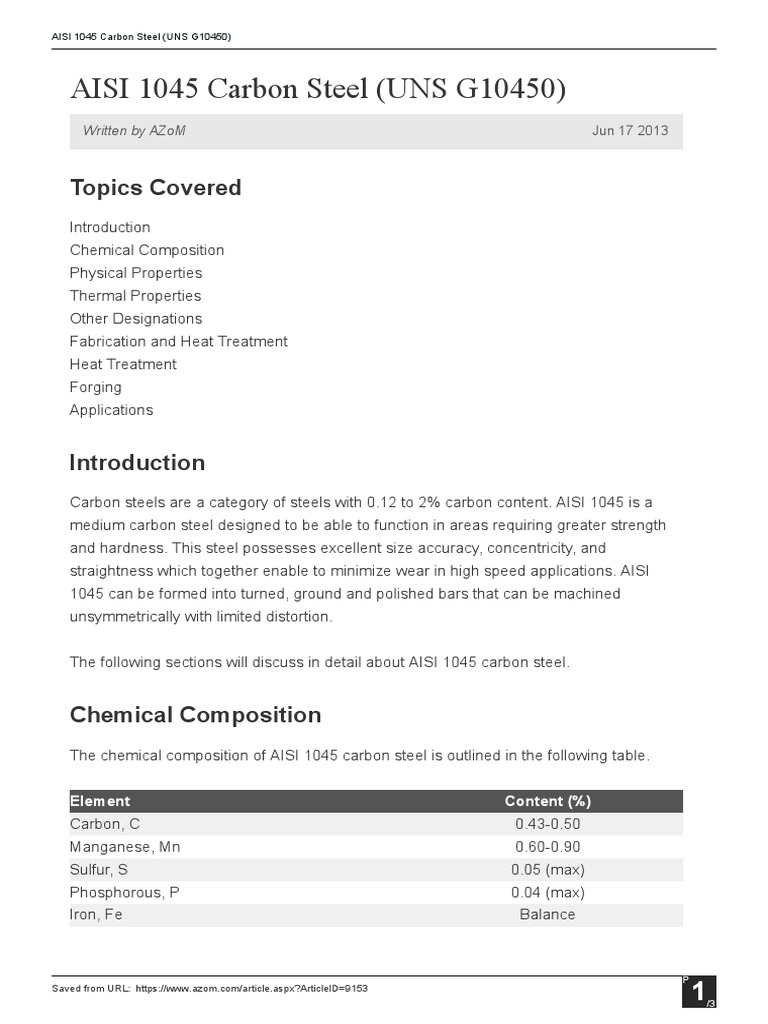 AISI 1045 Carbon Steel (UNS G10450) | PDF | Strength Of Materials ...