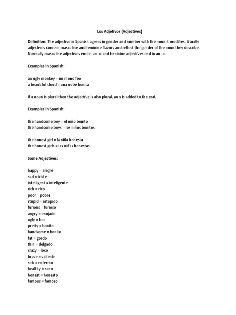 Spanish Adjectives Guide | PDF | Self-Improvement | Wellness