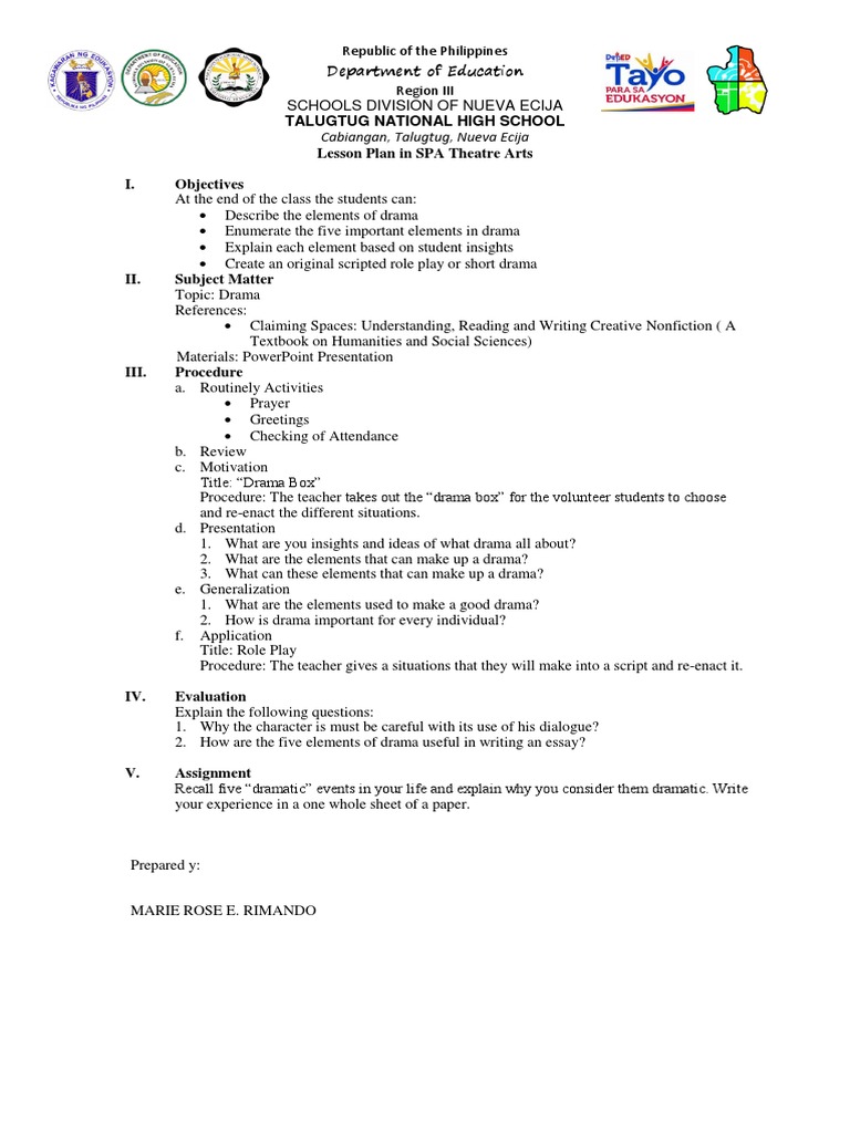 Lesson Plan in SPA Theatre Arts | PDF | Lesson Plan | Teachers