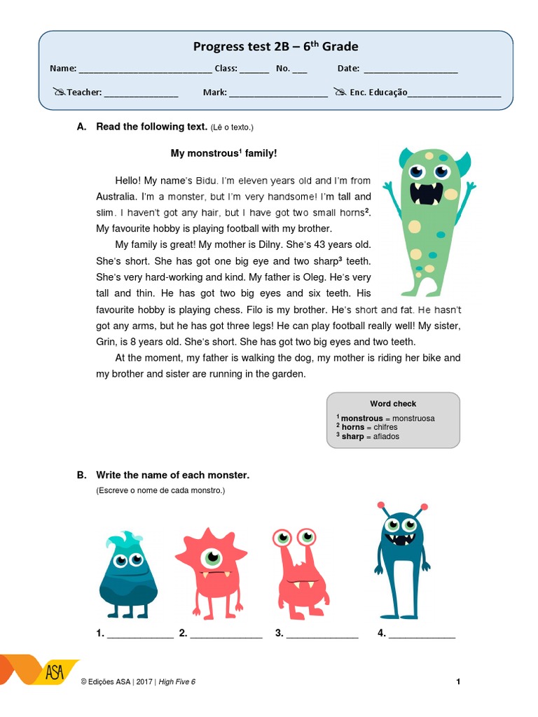 Progress Test 2B 6th Grade | PDF | Syntactic Relationships | Morphology