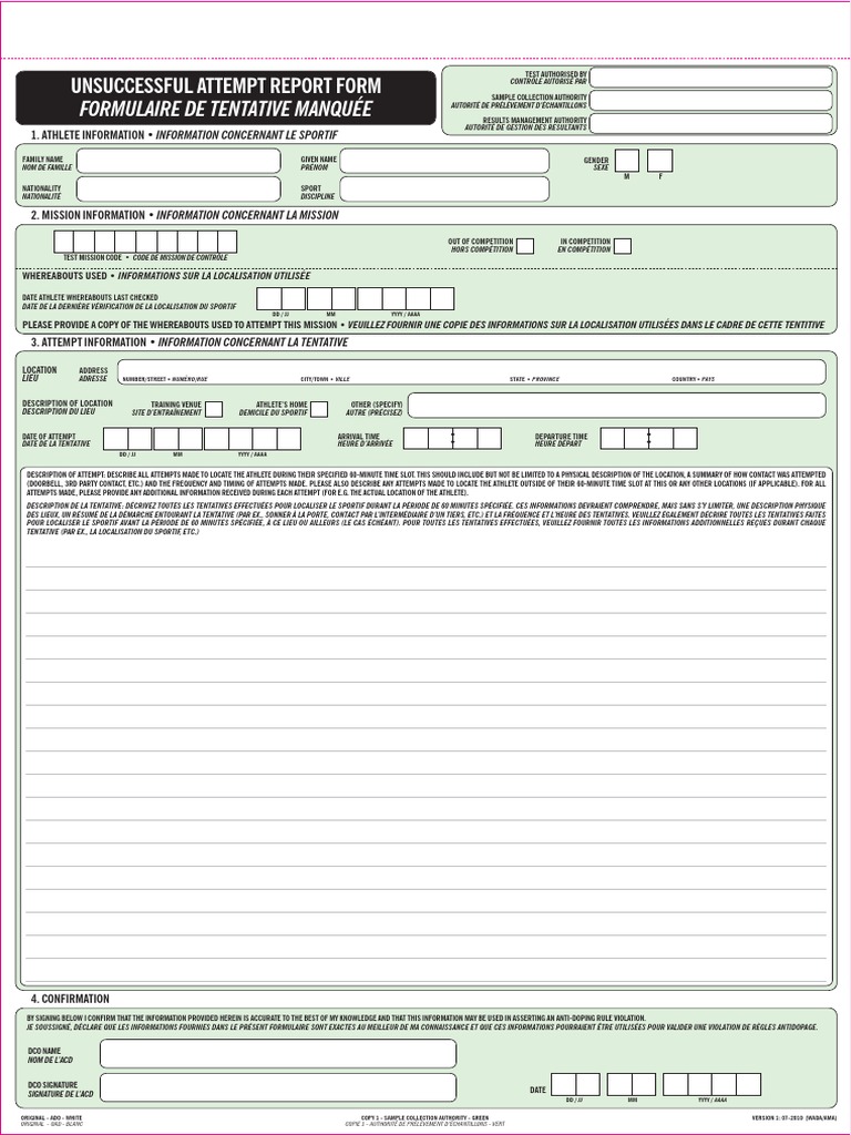 WADA Unsuccessful Attempt Report Form v.1 July2010 PDF | PDF | Sports