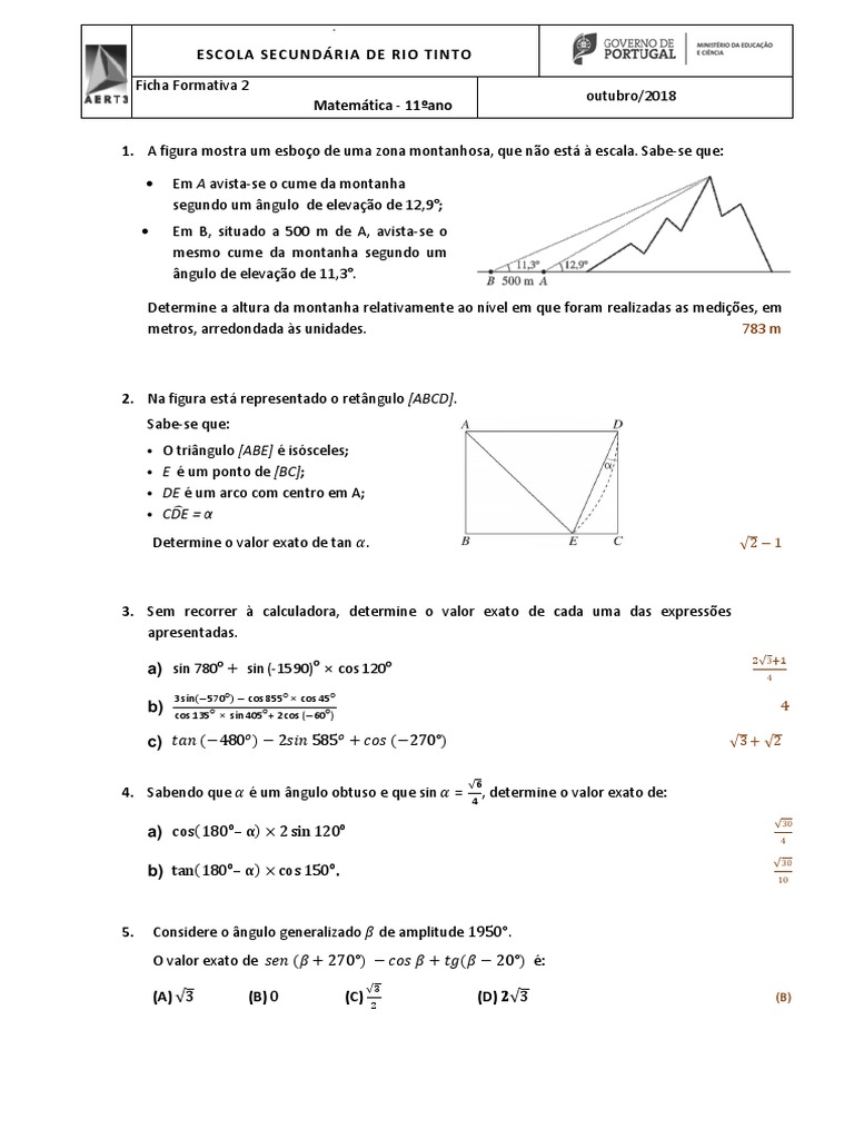 Ficha Formativa De Matemática Sobre ângulos Triângulos