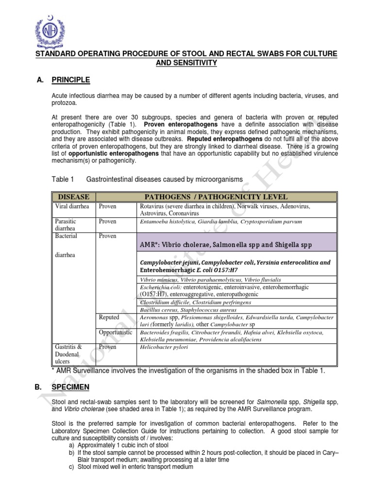Stool and Rectal Swab Culture SOP | PDF | Diarrhea | Clinical Pathology