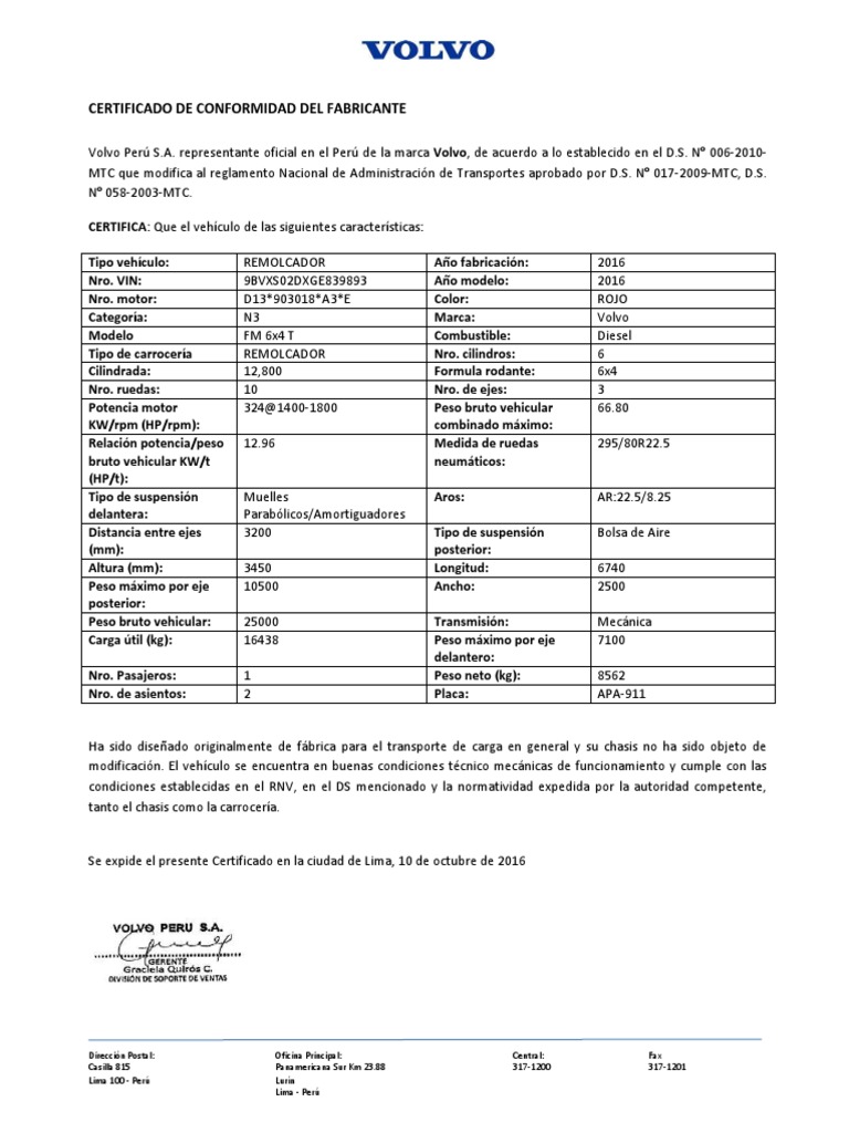 Certificado de Conformidad Volvo | PDF | Eje | Industria automotriz