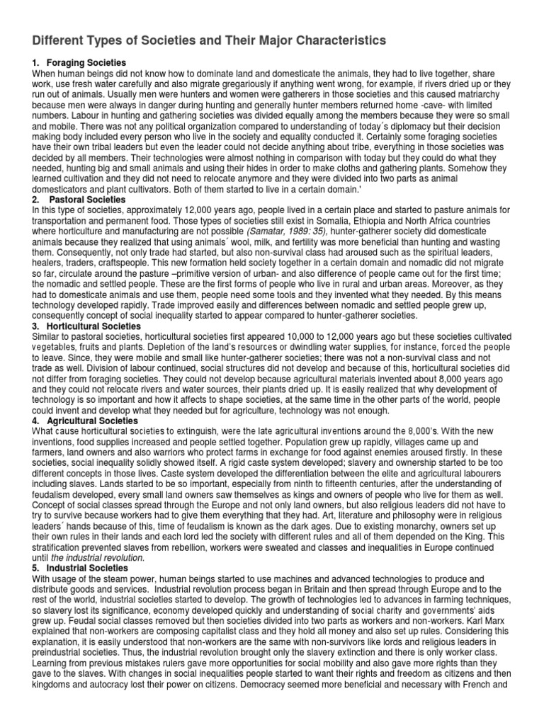 Different Types of Societies and Their Major Characteristics | PDF ...