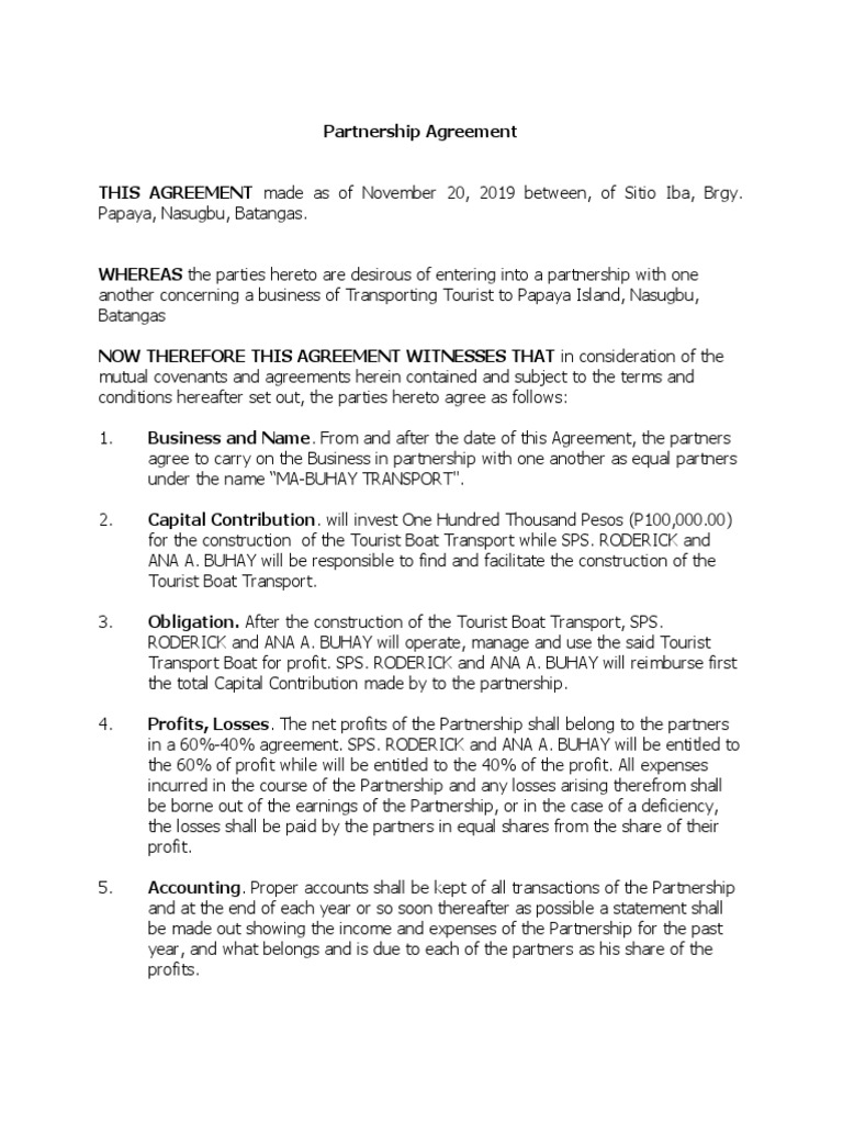 Boat Partnership Agreement Template