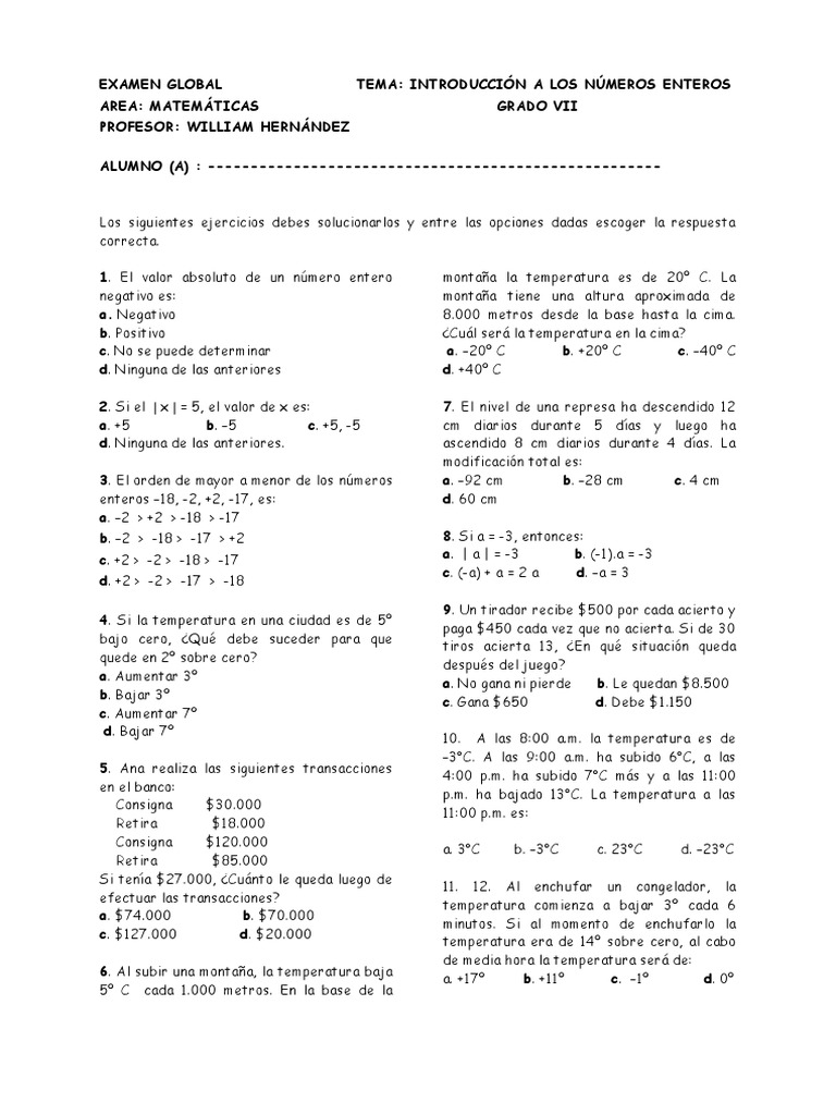 Exa Introducción A Los Numeros Enteros | PDF | Entero | Enseñanza de ...