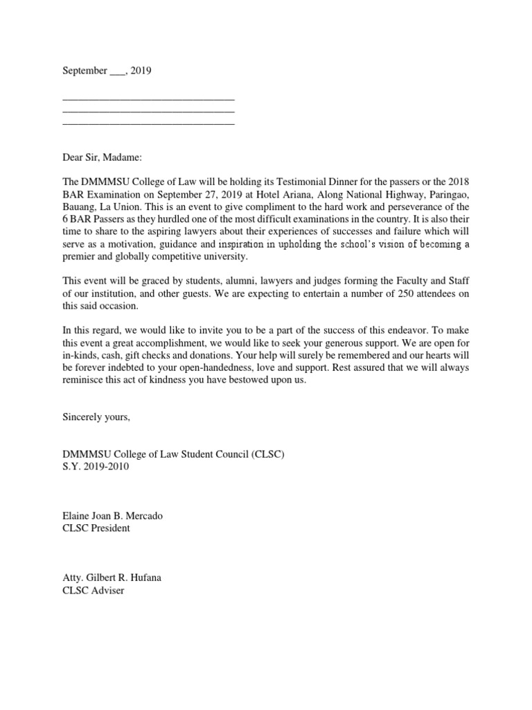 Solicitation Letter (Testimonial Dinner) | PDF