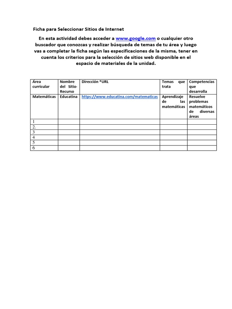 Ficha para Seleccionar Sitios de Internet | PDF