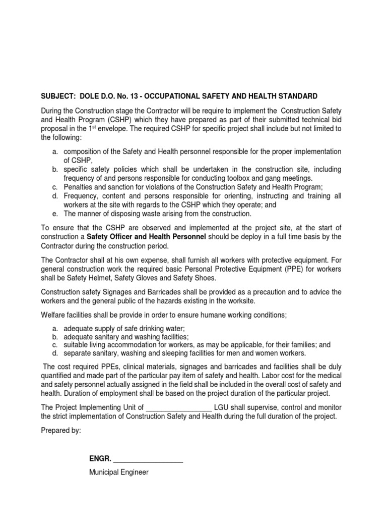 Sample CSHP (Safety&Health D.O.13 DOLE) | PDF | Personal Protective ...