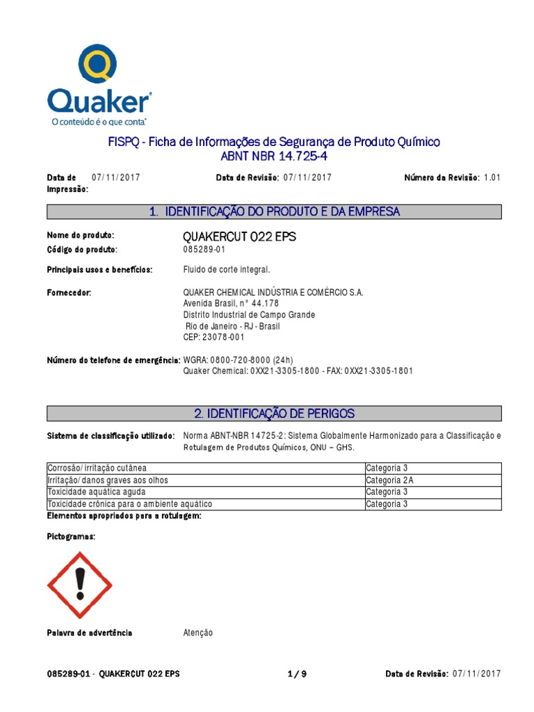 Quakercut 022 EPS - Fispq | PDF | Oxigênio | Embalagem e rotulagem