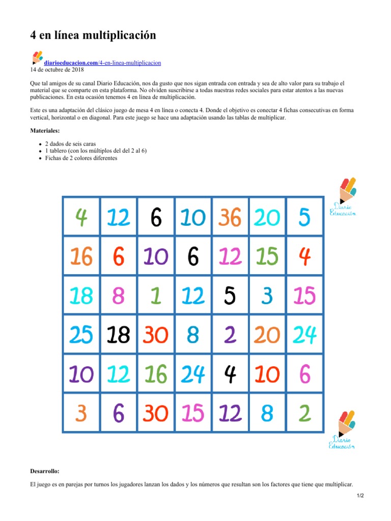 Juego 4 en Línea de Multiplicación | PDF | Multiplicación | Palabra