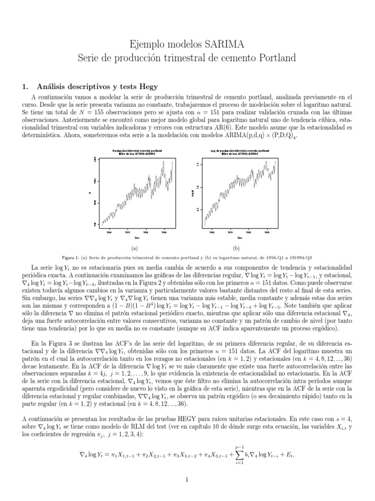 Ejemplo Modelos SARIMA Serie Cemento - Con Anexov02 PDF | PDF | Autocorrelación | Logaritmo