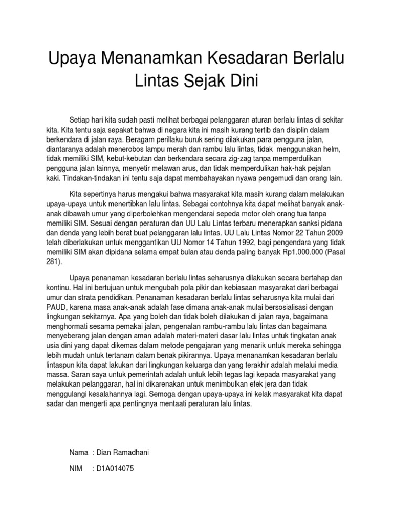Upaya Menanamkan Kesadaran Berlalu Lintas Sejak Dini (Dian Ramadhani) | PDF
