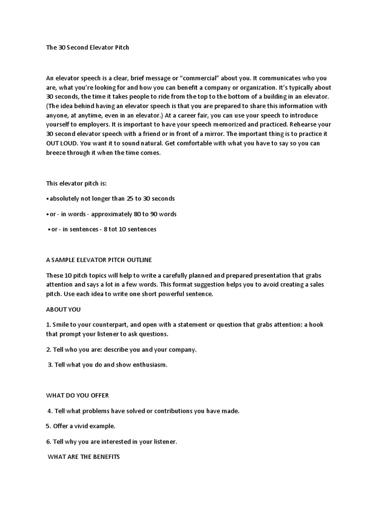 Crafting a 30-Second Elevator Pitch | PDF | Question | Psychological ...