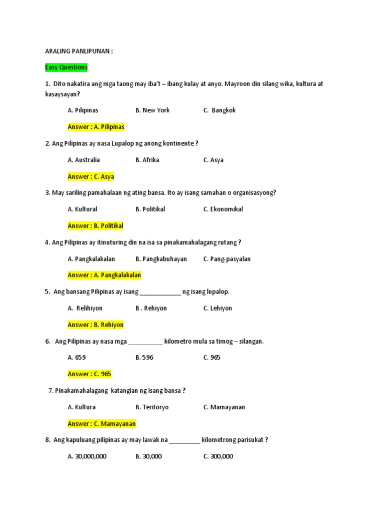 ARALING PANLIPUNAN. Quizbee | PDF