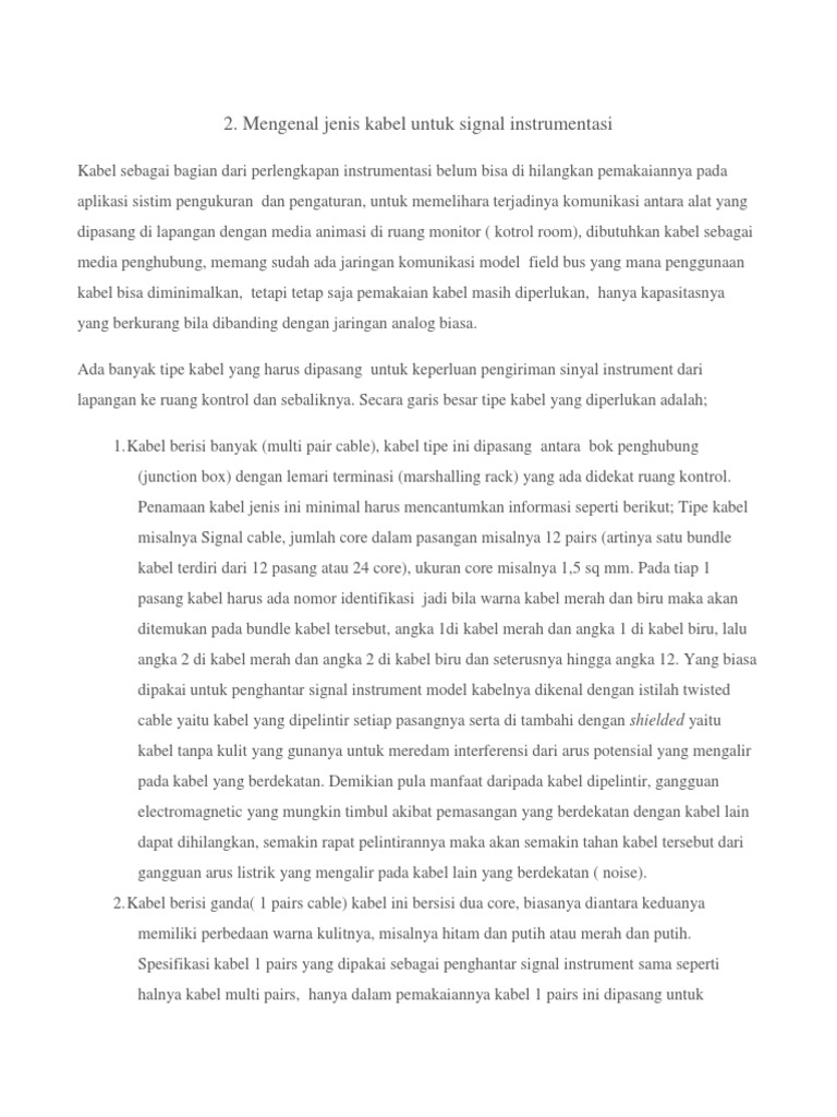 Mengenal Jenis Kabel Untuk Signal Instrumentasi | PDF