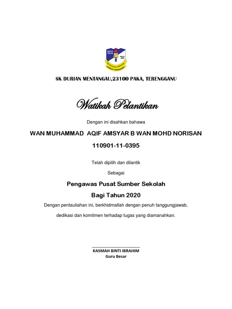 Sijil Pelantikan Pengawas PSS 2020 | PDF