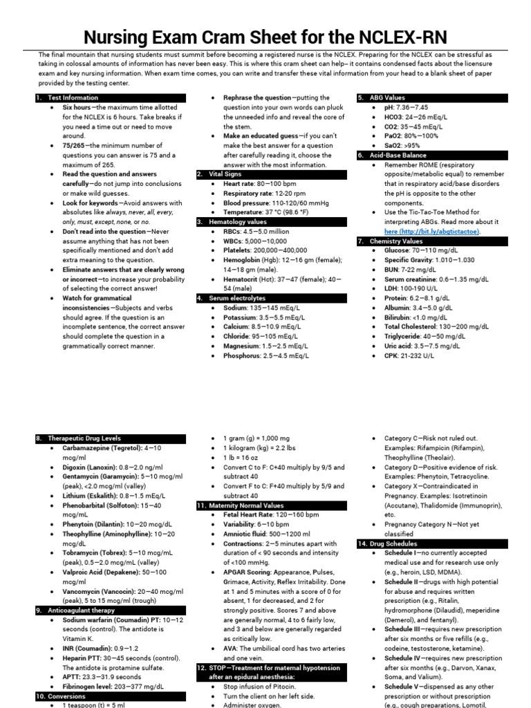 NCLEX-RN Exam Cram Sheet Guide | PDF | National Council Licensure ...