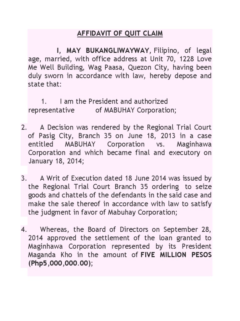Affidavit of Quit Claim for Settlement | PDF | Affidavit | Legal Procedure