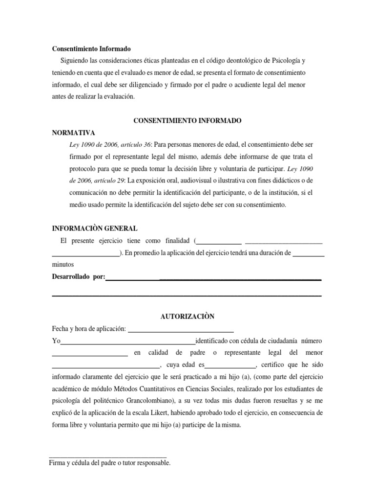Consentimiento Informado Word | PDF | Consentimiento informado | Sicología